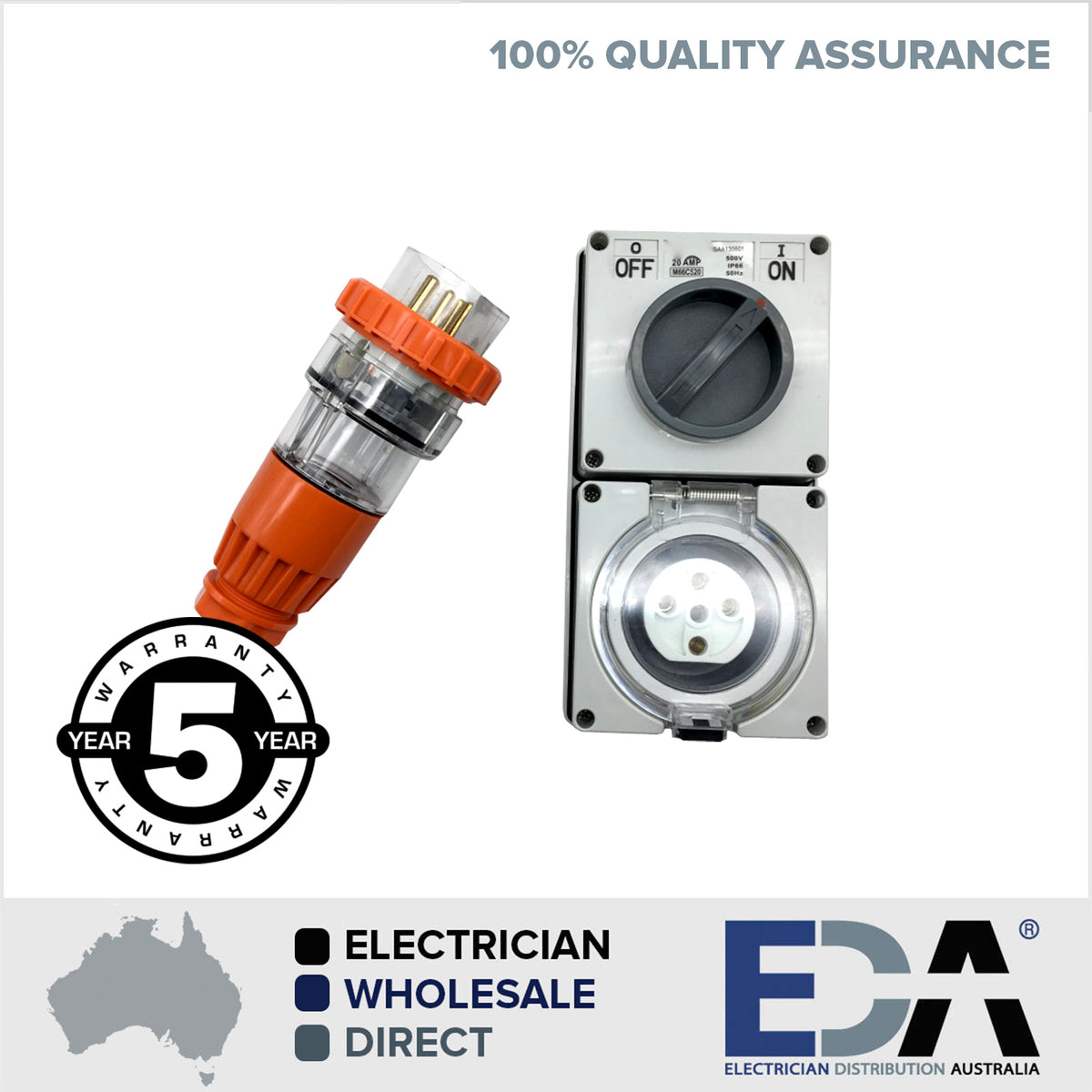 20 Amp 5 pin Weatherproof Switched Socket Outlet IP66 Straight Plug Ma ...