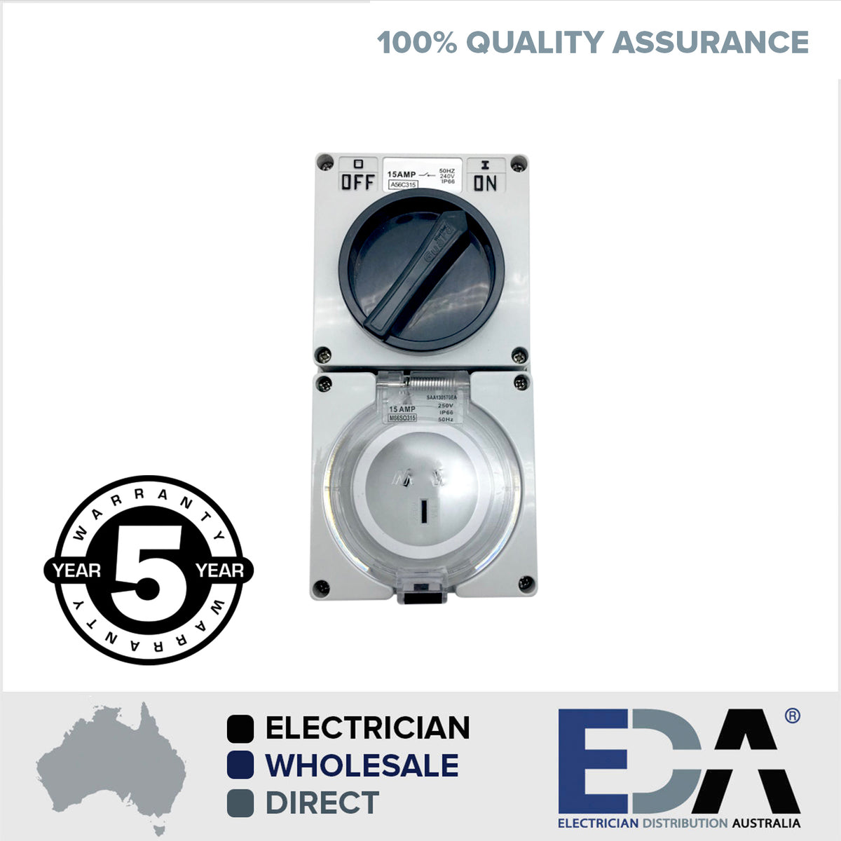 3 Pin 15 Amp Switched Socket Outlet IP66 Weatherproof Industrial – EDA ...