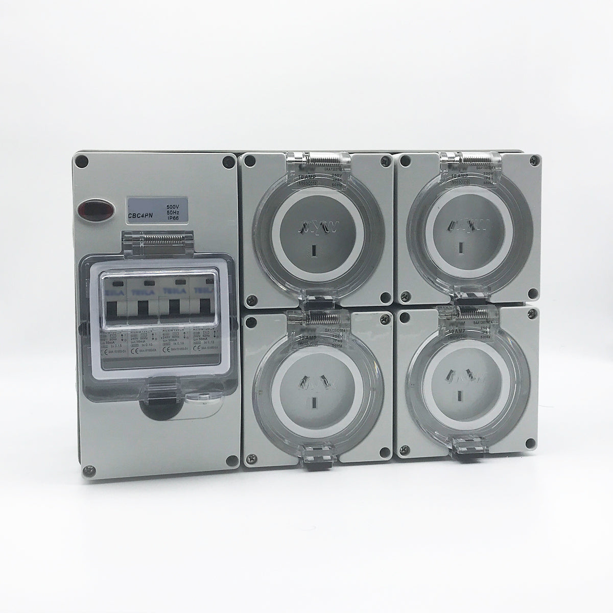 4 x 10 Amp 3 Pin Protected Outlet Single Phase IP66 RCBO 4.5ka Switche ...