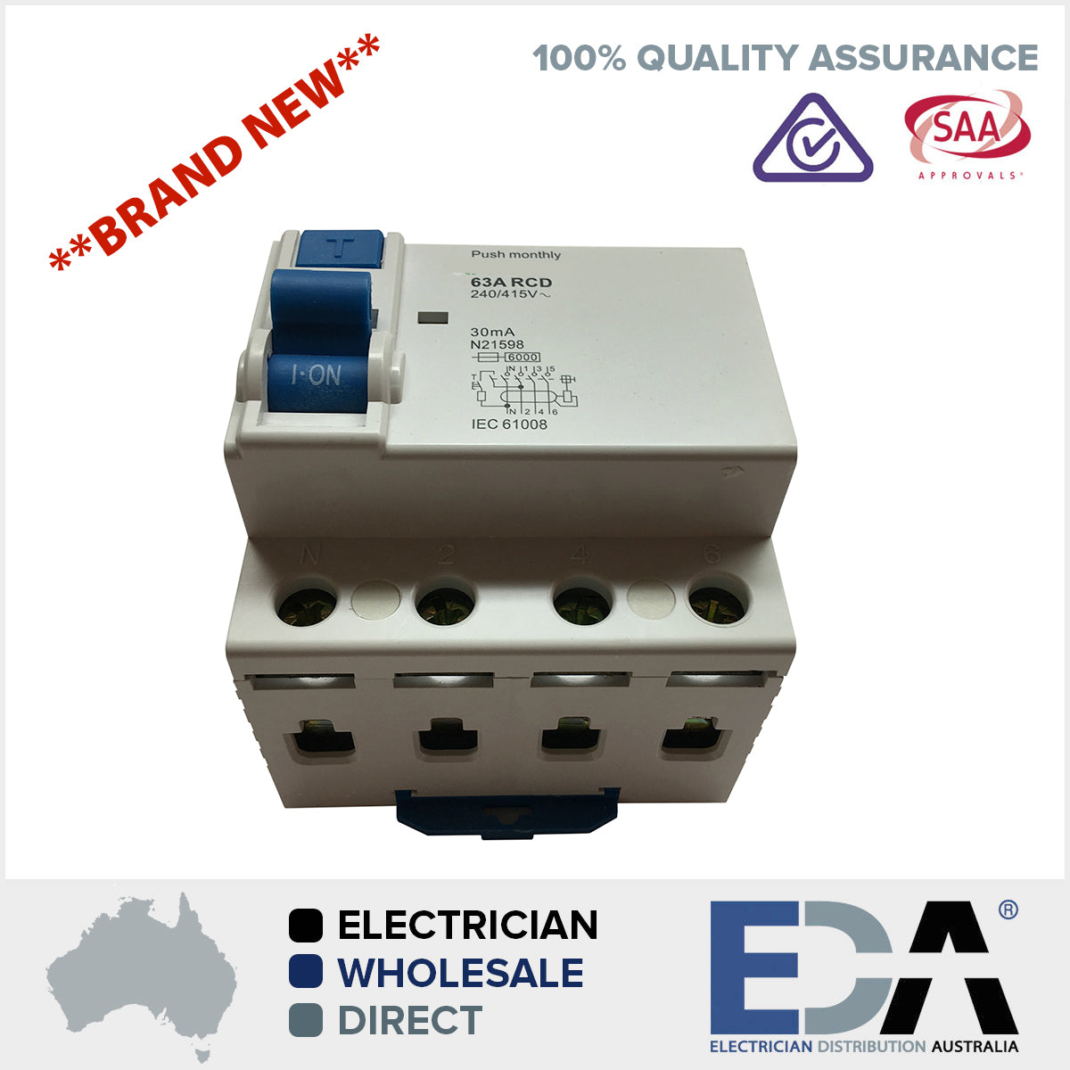 63 Amp 4 Pole RCD 240/415V Residual Current Device Safety Switch Switc ...