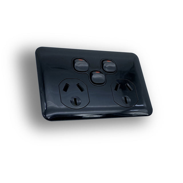 Black Gloss Double Power Point GPO + Extra Switch Outlet Wafer Slim Up ...