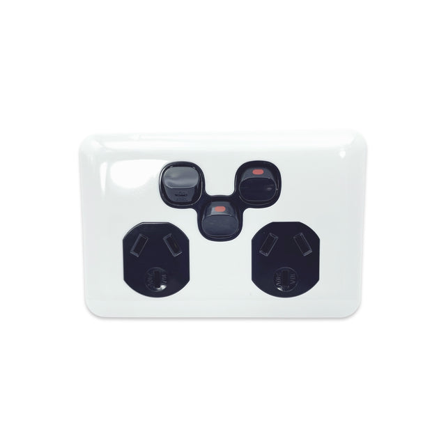 Slim Wafer Double Power Point With Extra Switch GPO White cover BLACK ...