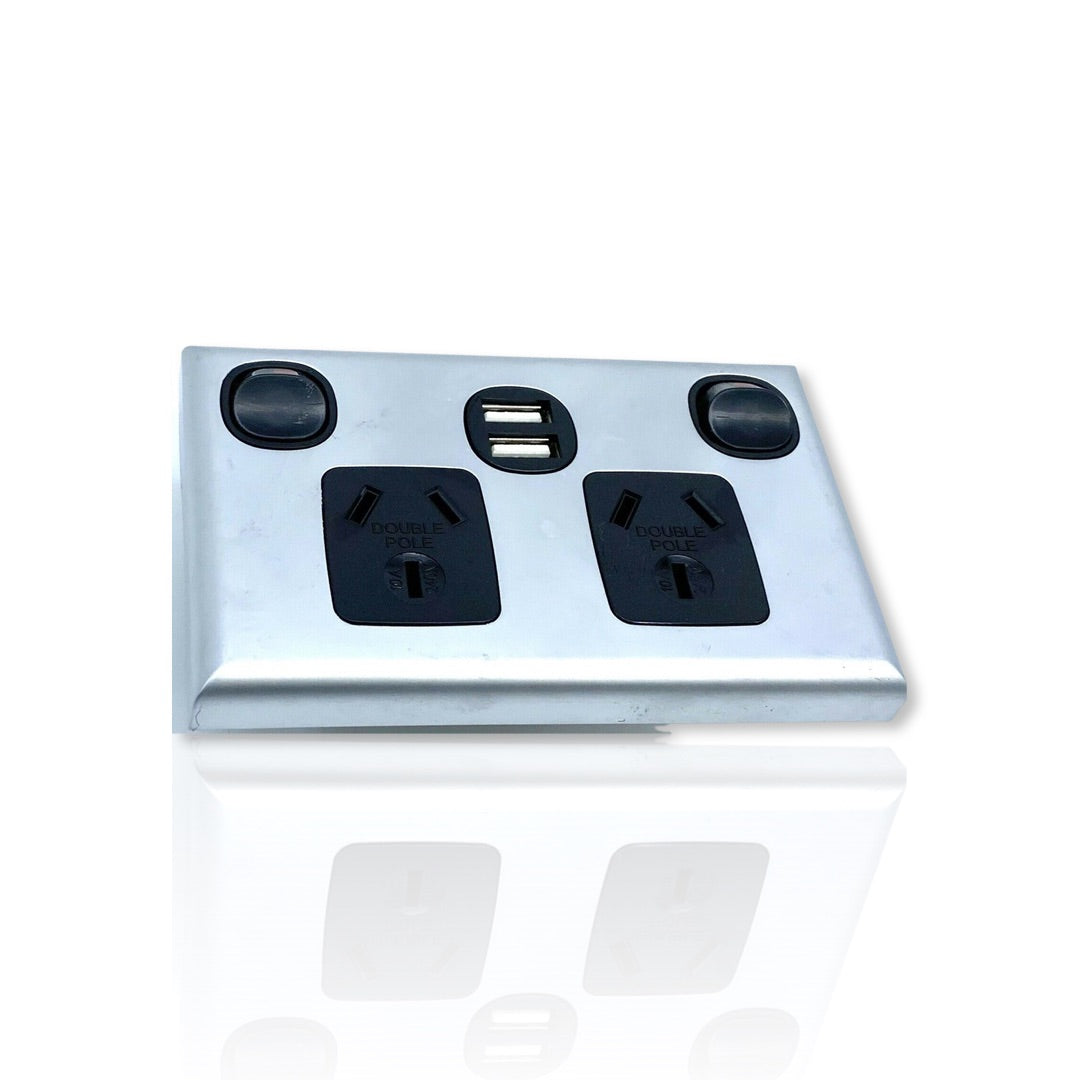 USB Fast Charge Double Power Point DOUBLE POLE BLACK SILVER COVER Cara ...