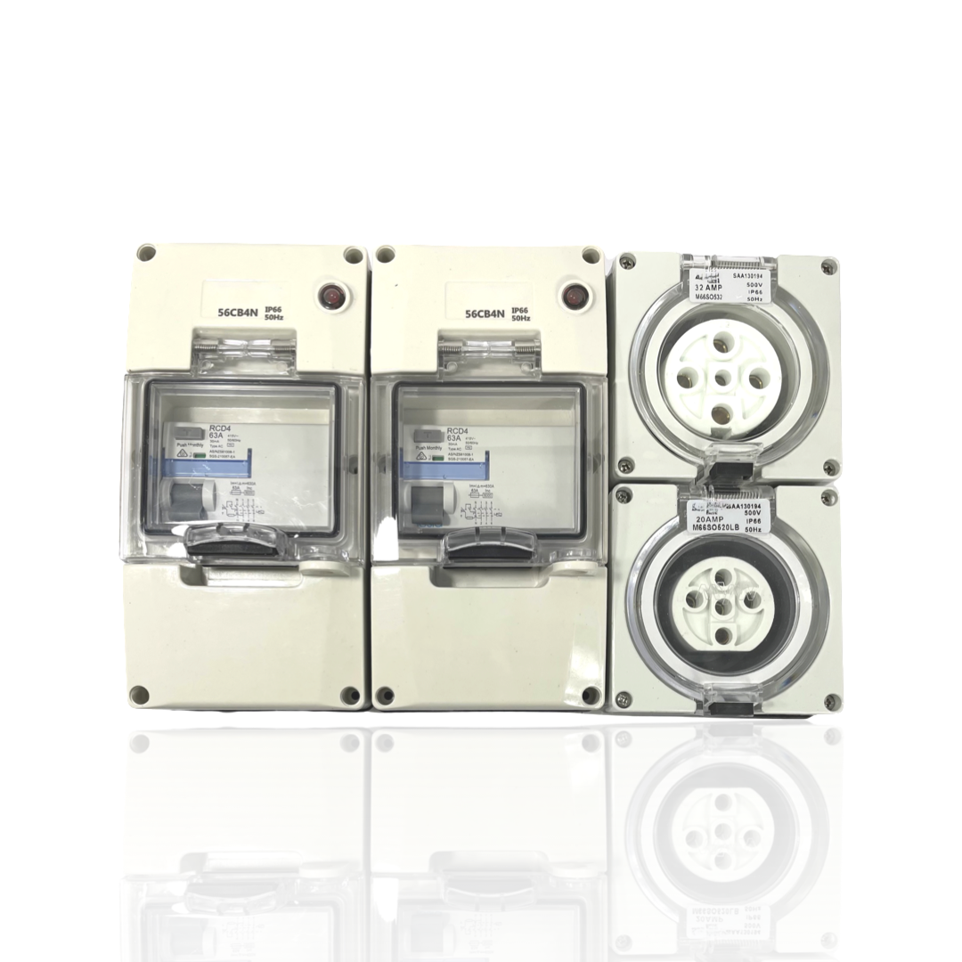 WEATHER PROOF RCD 3 Phase Protected Outlet 2x5Pin=1x20+1x32 Amp IP66 S ...
